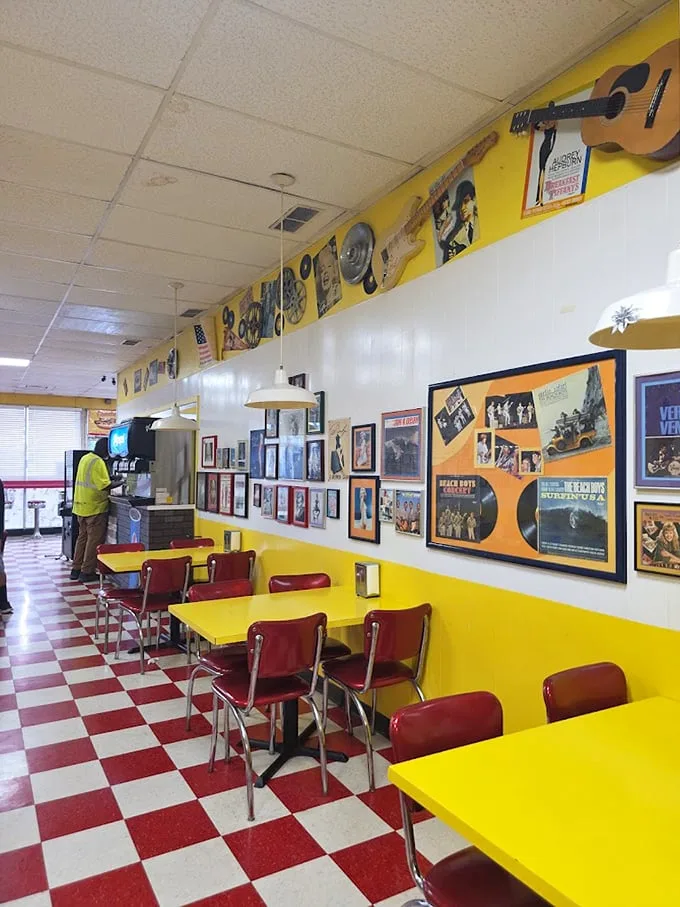 A symphony in red and yellow: Jody's interior feels like stepping into a time machine where hot dogs are still king and music memorabilia rules.
