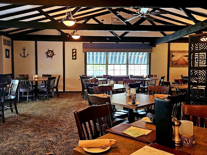 Exposed wooden beams and nautical accents transport you from landlocked Pennsylvania to a New England seaside tavern. The dining room whispers "special occasion" while still saying "welcome home."