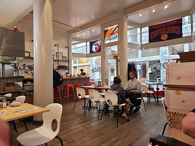 High ceilings, Cleveland sports memorabilia, and that unmistakable diner buzz—this is where morning conversations and coffee refills flow freely.