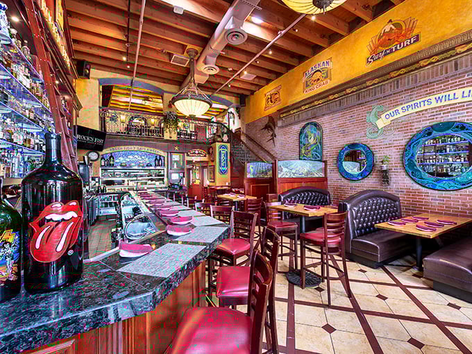 Inside, exposed wooden beams meet nautical charm and rock-and-roll attitude. That Rolling Stones tongue isn't just decoration—it's a statement of culinary rebellion.