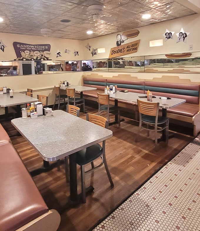 Step inside and the full 1950s experience washes over you—speckled Formica tables, vinyl booths, and that unmistakable diner energy that says "stay awhile."