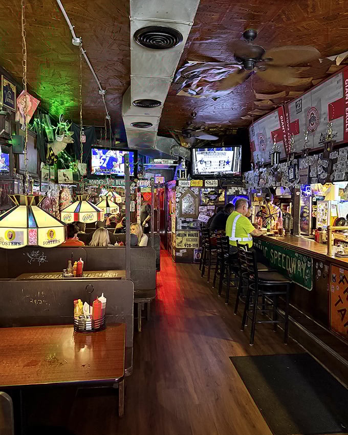 Inside, every inch tells a story – from Tiffany-style lamps to sports memorabilia, creating the perfect backdrop for burger epiphanies.