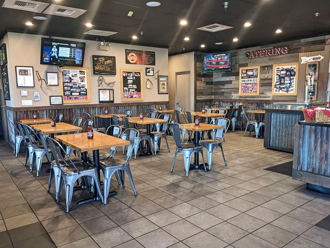 Industrial-chic meets barbecue comfort in this dining room where the metal chairs say "trendy," but the aroma says "sit down and stay awhile."