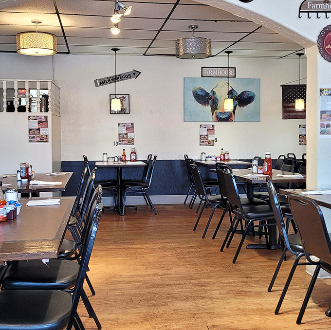 Inside, farm-themed decor and comfortable seating create that "grandma's dining room" vibe where calories don't count and conversations flow as freely as the coffee.