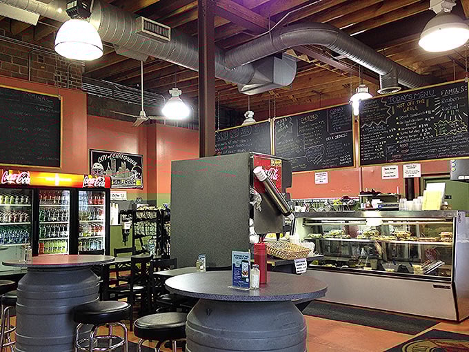 Industrial chic meets comfort food haven – those barrel tables aren't winning design awards, but they're perfect for serious sandwich contemplation.