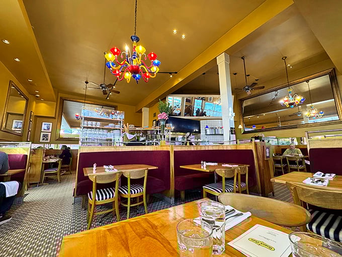 Those multicolored glass chandeliers aren't just lighting fixtures—they're conversation starters hanging above burgundy banquettes where memories are made and pasta dreams come true.