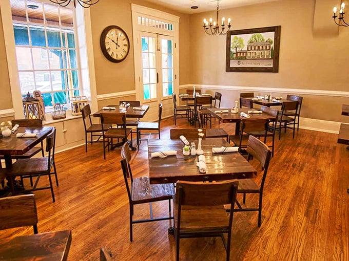 Warm wooden floors, soft lighting, and tables spaced just right – this dining room masters the delicate balance between "fancy night out" and "comfortable enough to laugh loudly."