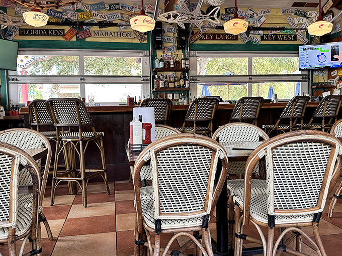License plates from across America decorate the ceiling like badges of honor. This isn't interior design—it's a geographical testament to great seafood's universal appeal.