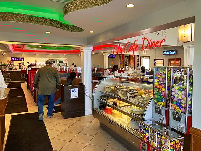 Step inside and the dessert case immediately announces itself as your future nemesis—those cakes aren't going to eat themselves, folks.