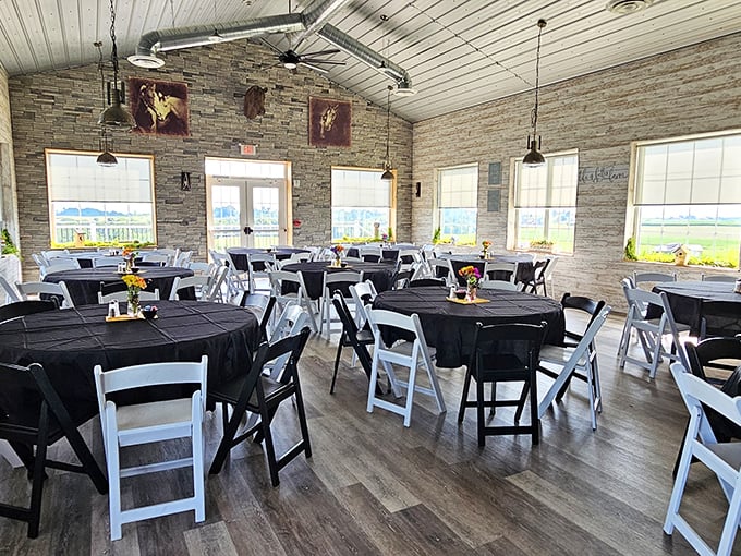Stone walls and natural light create the perfect backdrop for memorable meals. This isn't just a dining room—it's rural Ohio's living room.
