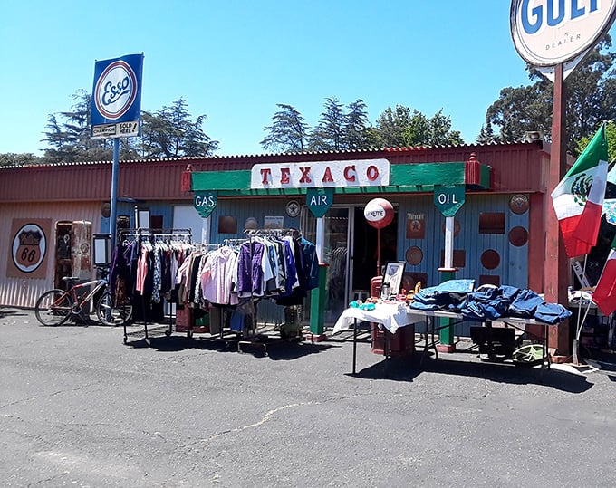 This nostalgic Texaco-themed stall proves one shopper's gas station memorabilia is another's perfect man-cave décor.