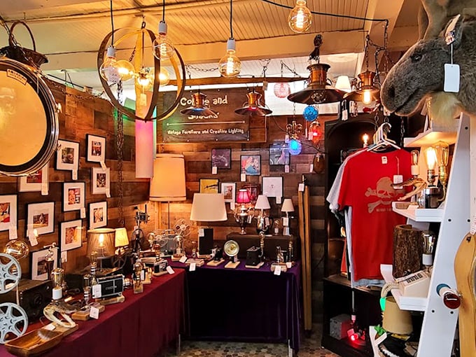 Edison would be proud—vintage lighting illuminates treasures while a mounted moose observes your shopping decisions with stoic approval.