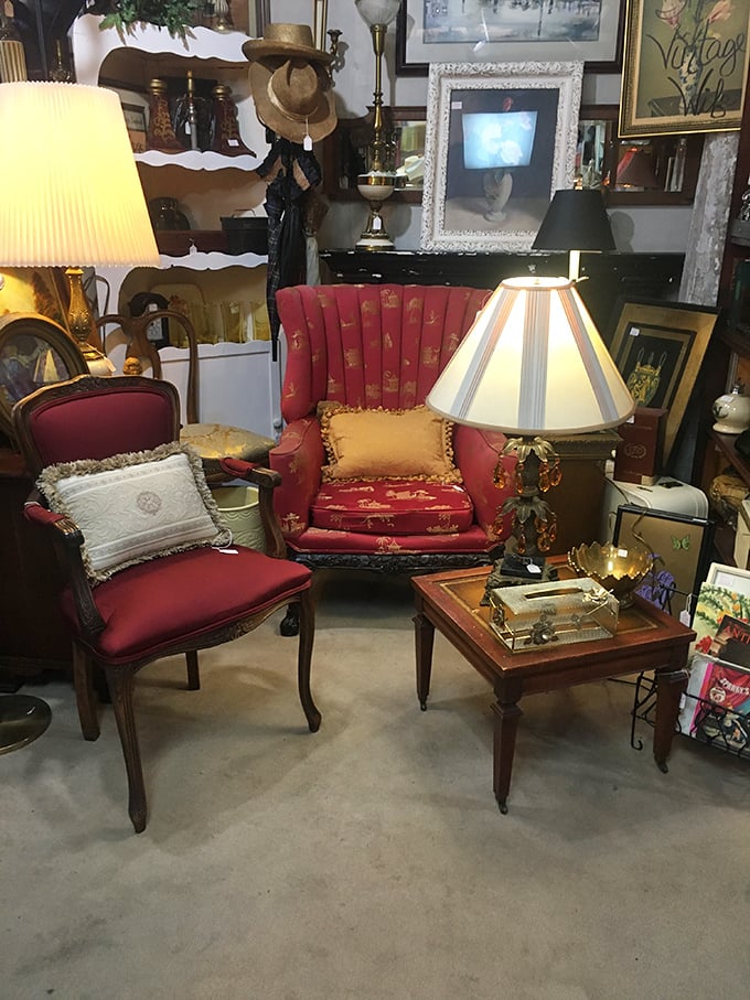 This cozy corner vignette could be straight from your stylish grandmother's living room – that red channel-back chair practically begging you to sit and stay awhile.