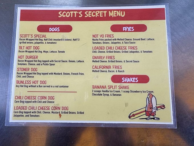 Scott's Secret Menu: where "secret" means "we'll happily tell everyone who asks." These aren't just hot dogs—they're architecture of joy.