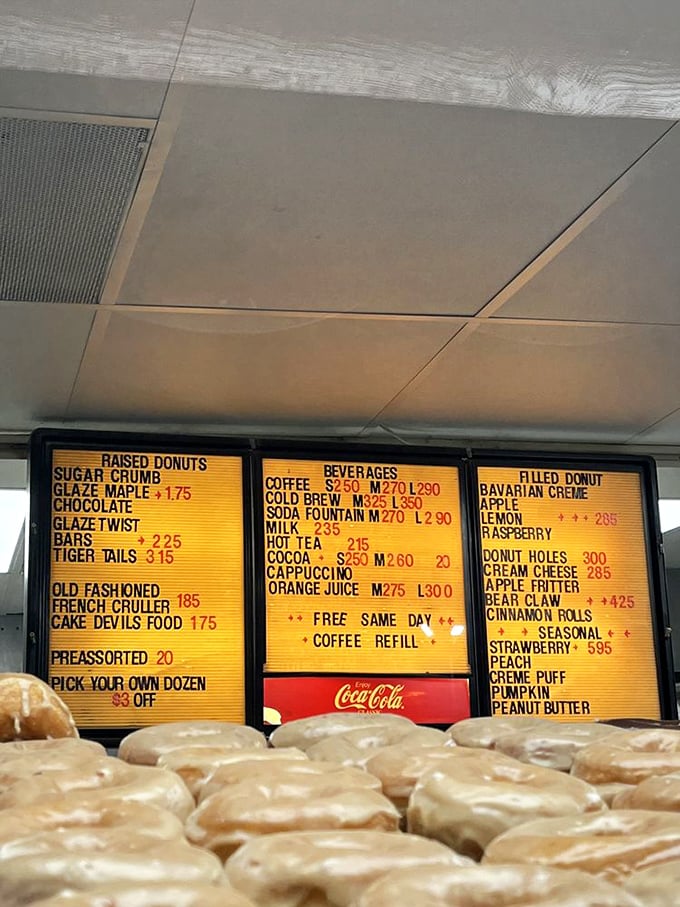 The menu board tells a story of donut dedication – from classic glazed to seasonal fruit-stuffed treasures that inspire pilgrimages.