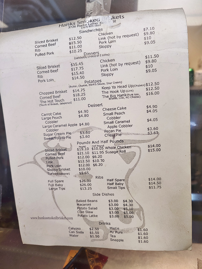 A menu that cuts straight to the chase—no flowery descriptions, just a roadmap to smoked meat nirvana. Choose your own adventure, carnivore style.