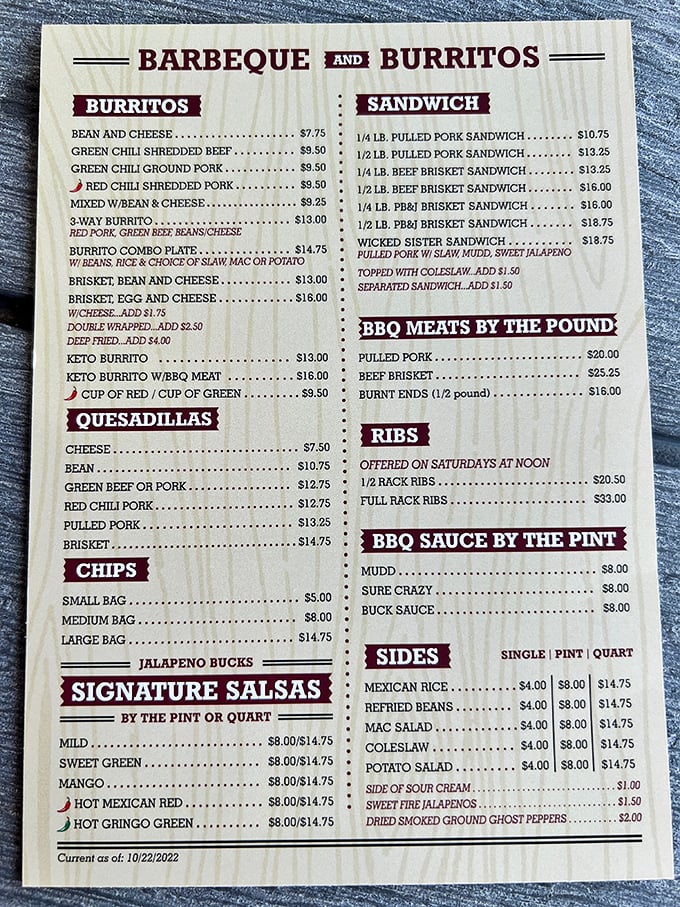 The menu reads like a love letter to Southwestern BBQ fusion. Each item represents a delicious crossroads where Texas smoking techniques meet Arizona's bold flavors.