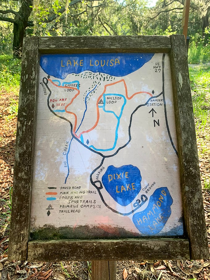 "You are here" – the most reassuring words for hikers. Lake Louisa's charming hand-painted trail map shows the park's lakes and loops with old-school simplicity.