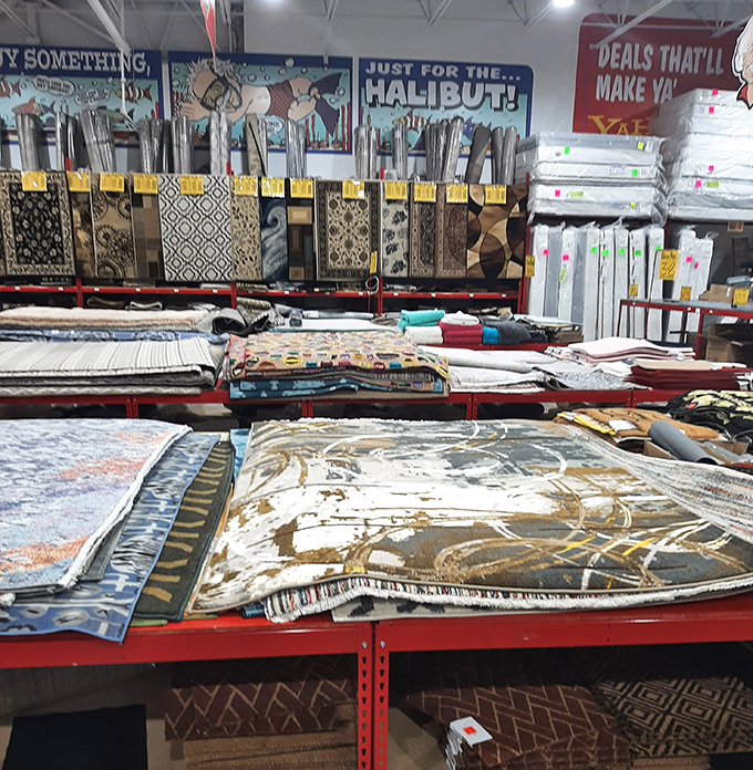 "Just for the Halibut!" proclaims the sign above a sea of area rugs. Dive into patterns and colors that transform floors from forgotten to fabulous.