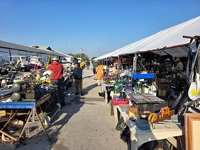 Florida sunshine illuminates the outdoor vendor alley, where one person's "I don't need this anymore" becomes another's "I can't believe I found this!"