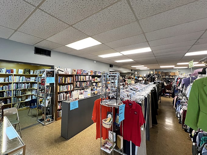 Books to the left, clothing to the right—this organized chaos makes perfect sense to the seasoned thrifter hunting for their next great find.