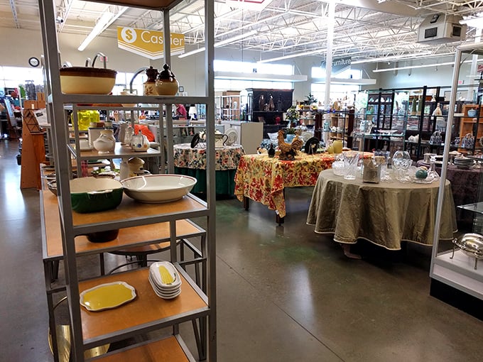 Shelves upon shelves of kitchenware await new homes, where yesterday's cast-offs become tomorrow's conversation pieces.