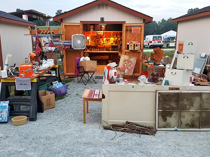 Wooden sheds transform into mini storefronts, where yesterday's discards await their second chance. The ultimate recycling program with character to spare.