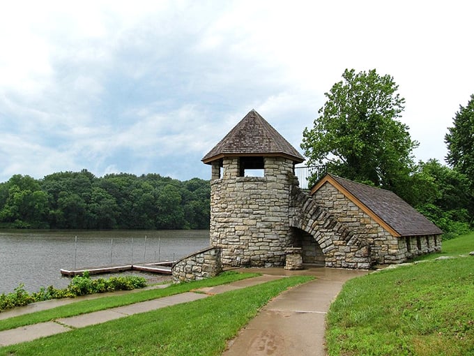 That charming stone tower isn't trying to be a castle – it's just Iowa's way of adding architectural flair. 