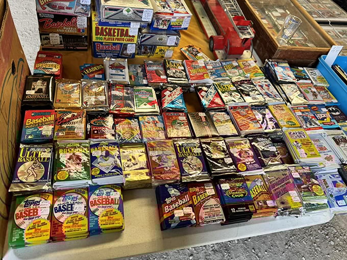 Baseball card heaven! Decades of sports history spread before you like a time machine in cardboard form. Every pack a mystery, every card a memory.