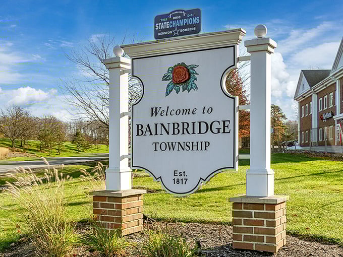 Not just a welcome sign, but a time portal to 1817 – complete with a rose emblem that's seen more Ohio seasons than most family recipes.