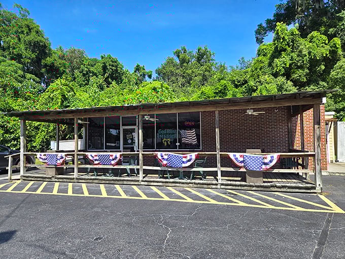 Those patriotic bunting flags wave hello like your neighbor's Fourth of July barbecue. 