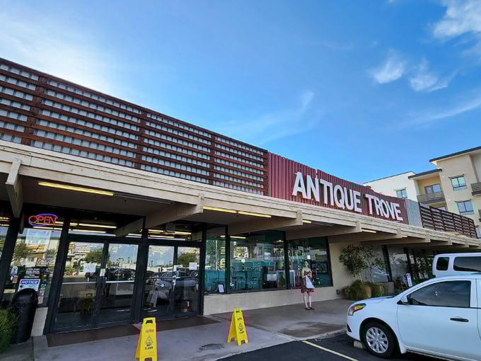 Retro heaven alert! Antique Trove's distinctive storefront beckons with promises of mid-century treasures and nostalgic finds.