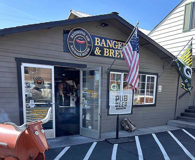 This unassuming storefront hides a sausage sanctuary where bratwurst dreams come true and beer flows like liquid happiness.