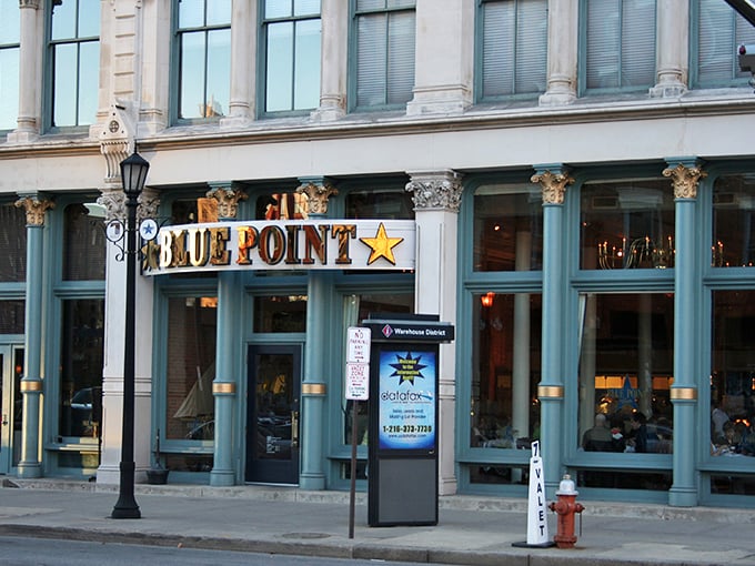 Blue Point Grille's historic façade brings old-world charm to downtown Cleveland – oyster paradise behind those classic columns!