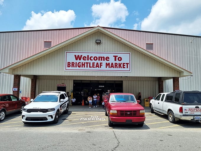 Brightleaf's welcoming entrance promises adventures in bargain hunting behind those metal walls.