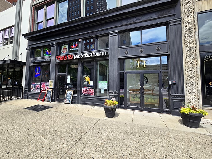 Crab 99's classic storefront in downtown Indy – where urban cool meets maritime flavor in the most unexpected way.