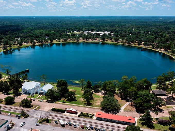 This perfectly round lake sits like a blue jewel surrounded by Victorian candy-colored houses.