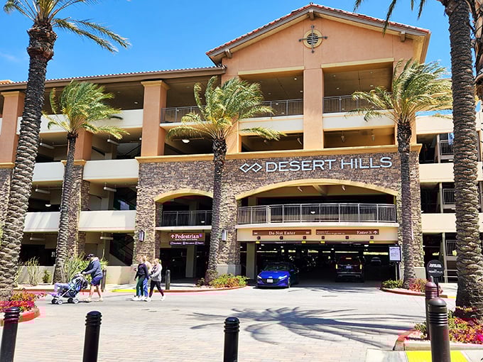 Desert Hills Premium Outlets stands like a retail oasis in Cabazon's desert landscape. Palm trees and discounts—California's perfect pairing!