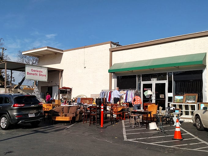 Genesis Benefit Store's outdoor display hints at the furniture treasures waiting inside – like a yard sale that never ends!