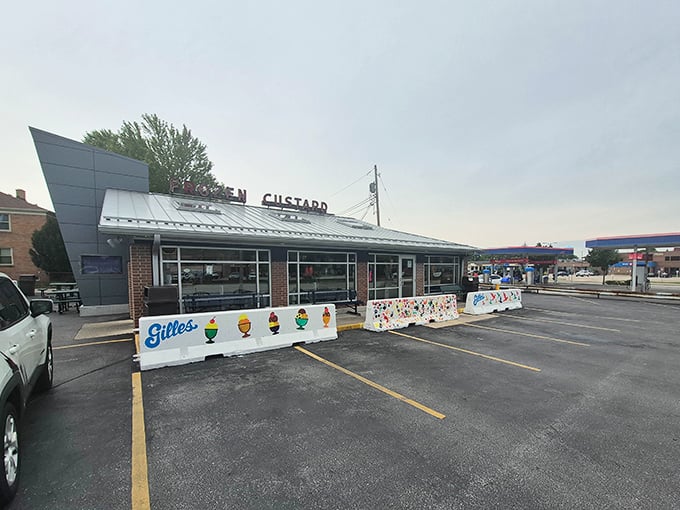 Gilles' modern storefront with its colorful sundae mural—like a dessert menu painted by Picasso. Custard artistry on display.