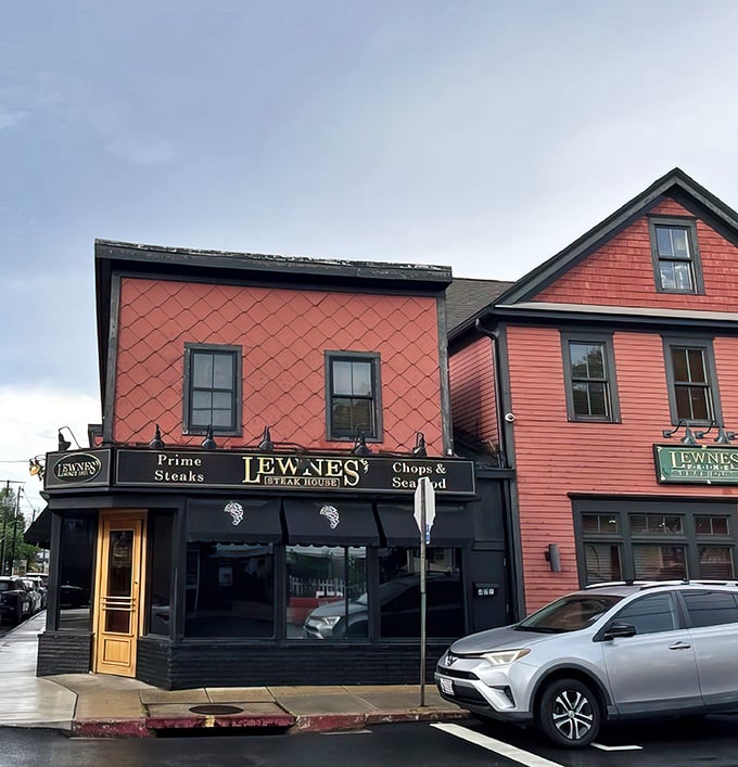 Lewnes' coral-colored corner building stands like a beacon for steak lovers—proof that the best treasures often hide in plain sight.
