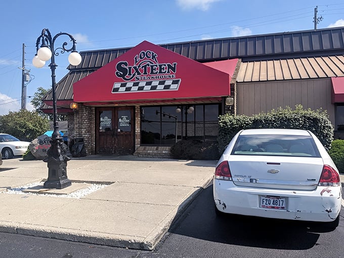 Lock Sixteen Steakhouse: Racing-themed on the outside, steak paradise on the inside. The checkered flag means you've won the dinner lottery!