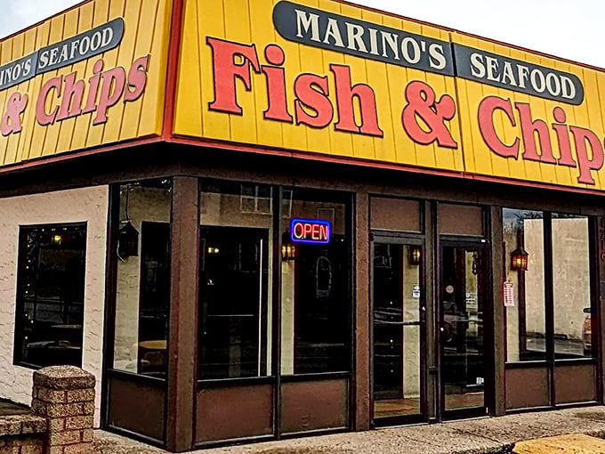Marino's bright yellow sign shouts its purpose to the world. No pretense here—just the promise of perfectly crispy fish that'll make your taste buds dance.