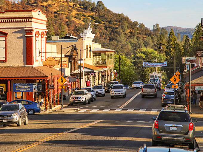 The warm glow of sunset on Mariposa's storefronts – where history meets small-town hospitality just minutes from Yosemite.