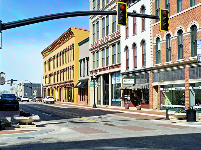 Downtown streets that whisper stories of college days and community pride in every brick-lined corner.