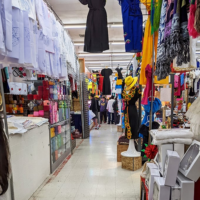Rows of colorful merchandise create a rainbow of possibilities in this treasure hunter's dream.