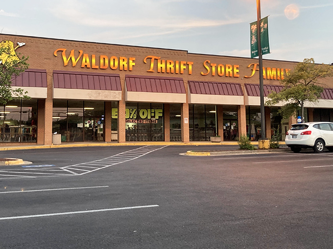 The Waldorf Thrift Store Family stretches wide, promising endless aisles of secondhand surprises inside.