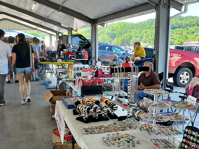 Indoor flea market bliss where jewelry displays and collectibles create a shopper's dream come true experience.