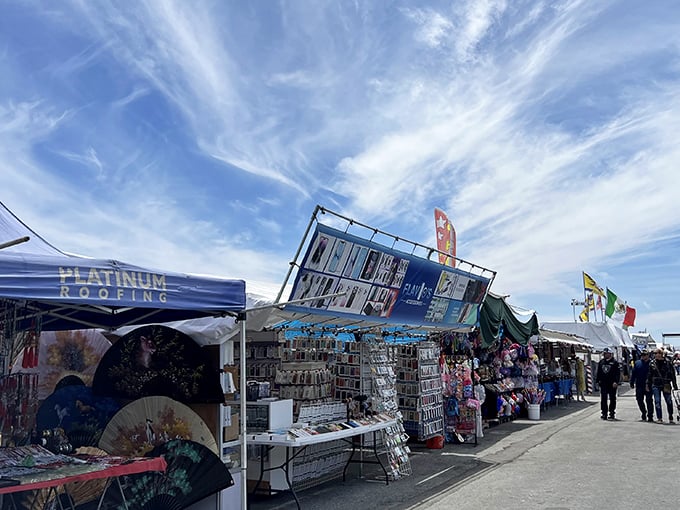 The San Jose Flea Market's endless rows of colorful stalls create a vibrant tapestry against the clear California sky.