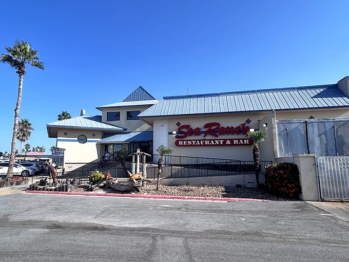 Sea Ranch's blue-roofed grandeur stands like the Taj Mahal of Texas seafood. Ocean treasures await inside!